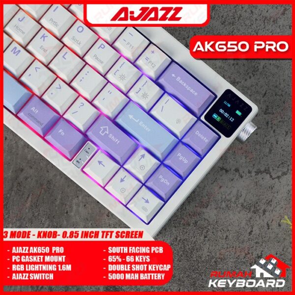 MECHANICAL KEYBOARD - AJAZZ AK650 PRO - 65% - 0.85" COLOR SCREEN - KNOB - SOUTH FACE - GASKET - RGB